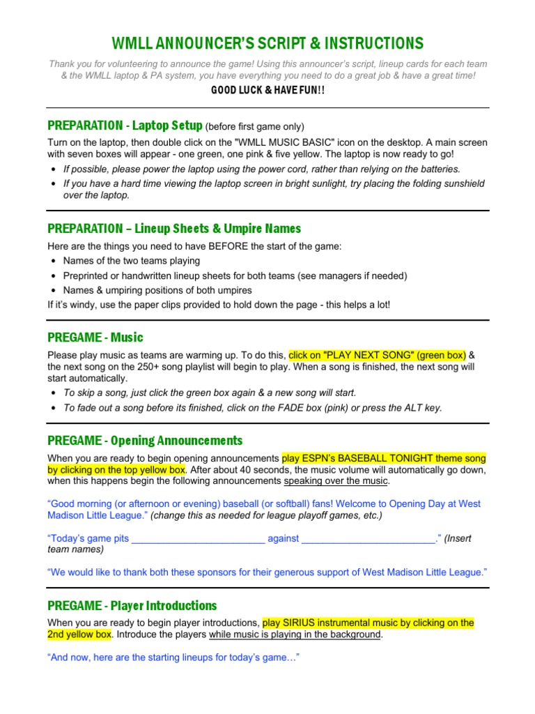 Announcers Script Instructions 4.21.21 | PDF | Batting (Baseball) | Laptop