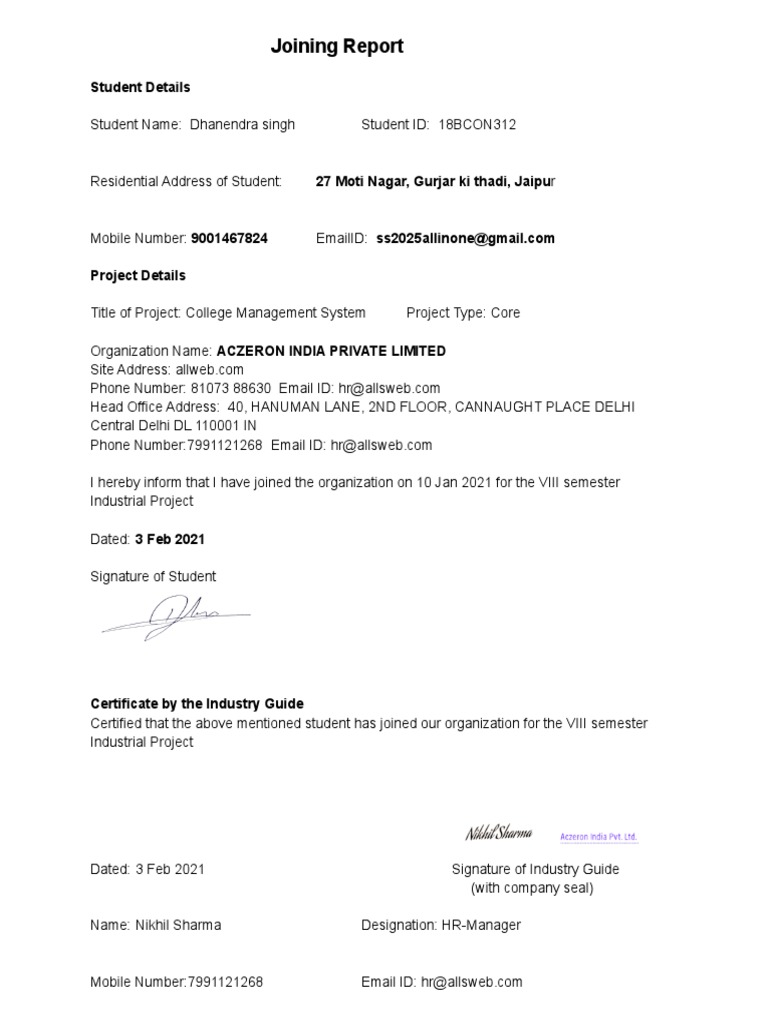 Joining Report: Student Details | PDF | Career & Growth | Business