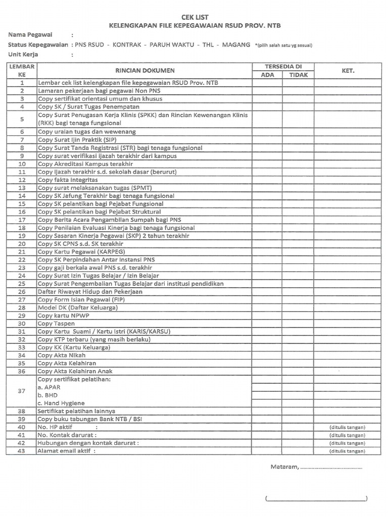 Cek List Kelengkapan File Kepegawaian Rsud Prov NTB | PDF