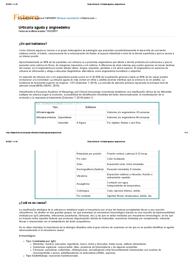 Guía Clínica de Urticaria Aguda y Angioedema | PDF | Droga anti ...