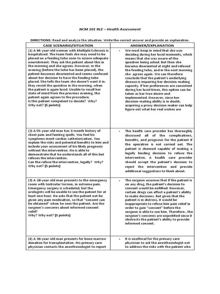 Case Scenario/Situation Answer/Explanation: NCM 101 RLE - Health ...