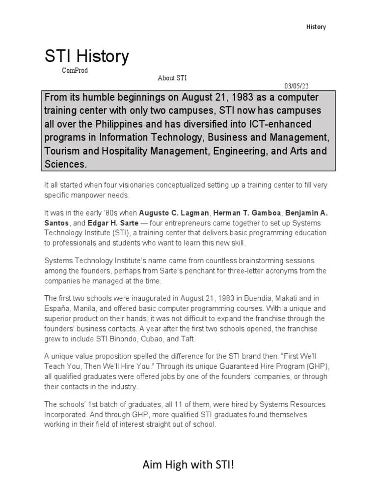 STI History: Aim High With STI! | PDF | Economies | Business