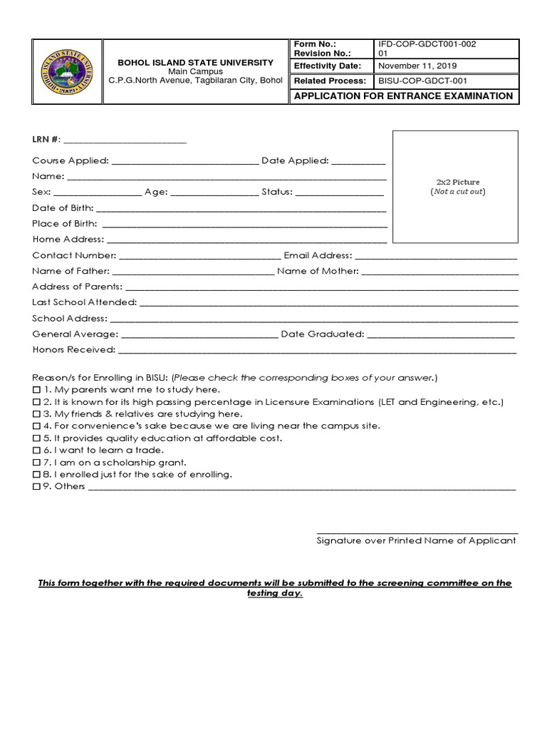 Entrance Exam Application Form | PDF