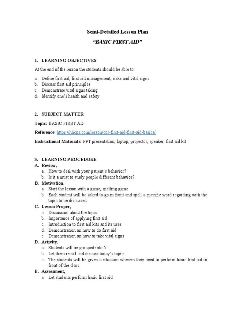 Semi-Detailed Lesson Plan: "Basic First Aid" | PDF | Social Science ...