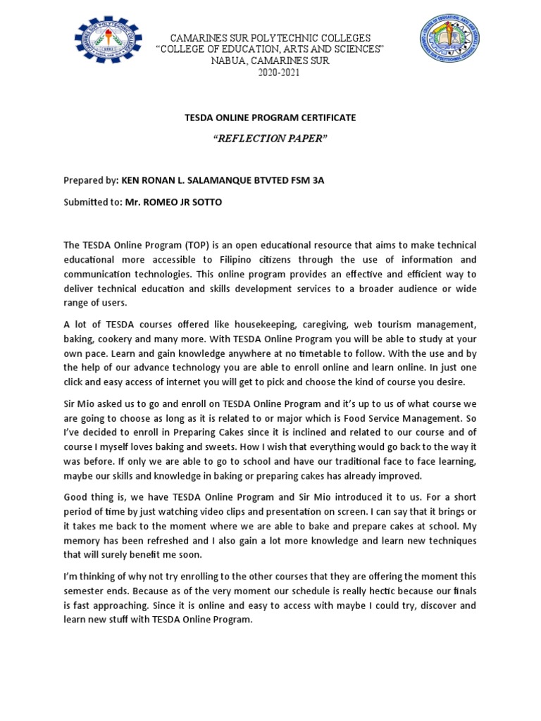 Tesda Online Program Certificate: "Reflection Paper" | PDF ...