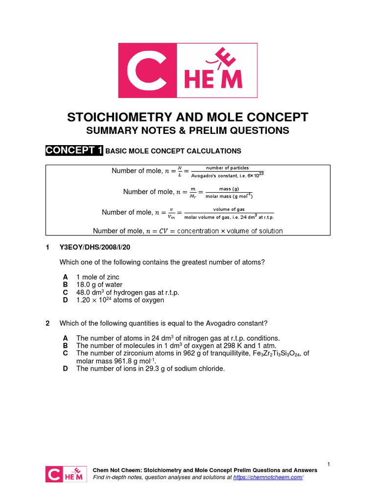 Stoichiometry and Mole Concept Prelim Questions and Answers | PDF ...