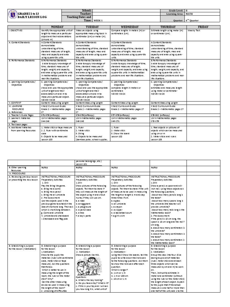 Grade 2 DLL Math 2 q4 Week 1 | PDF | Length | Metre