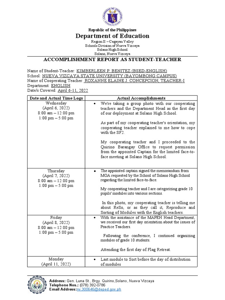 Department of Education: Accomplishment Report As Student-Teacher | PDF