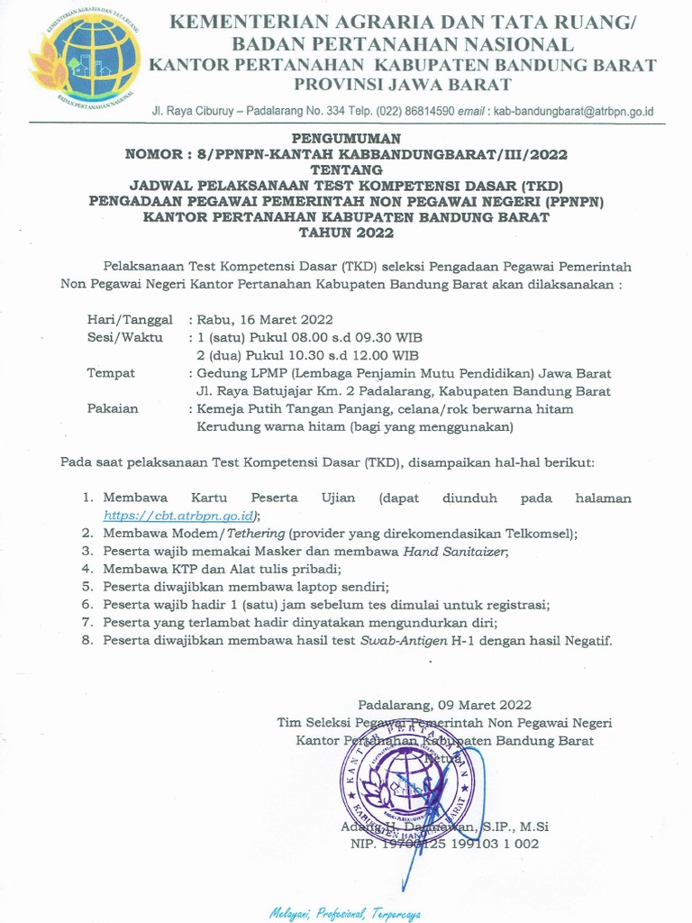 Pengumuman Jadwal TKD PPNPN - Kantah Kab. Bandung Barat 2022 | PDF