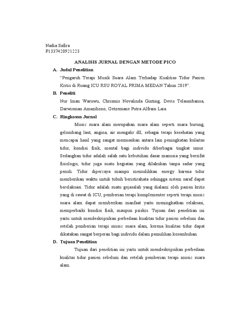 Analisis Jurnal Dengan Metode PICO (Kep - Kritis) - NADIA SAFIRA | PDF ...