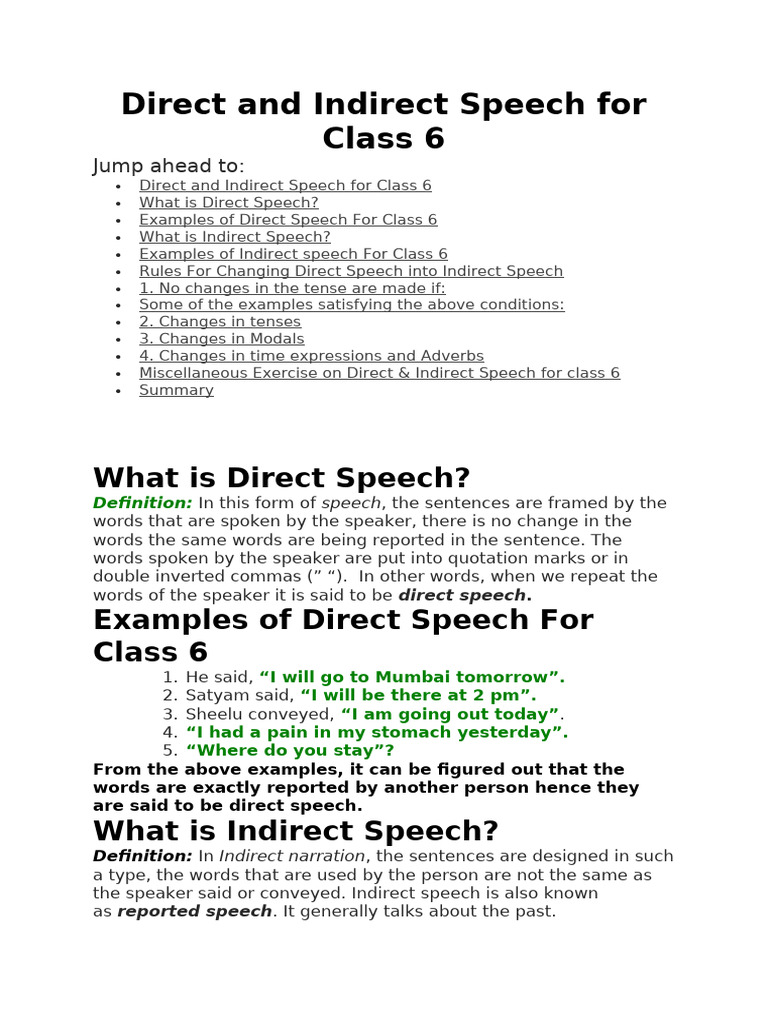 Direct and Indirect Speech For Class 6 | PDF | Grammatical Tense | Grammar