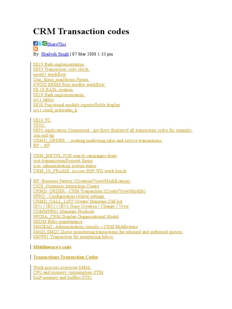 CRM Transaction Codes: Sharethis Shailesh Singh | PDF | Customer ...