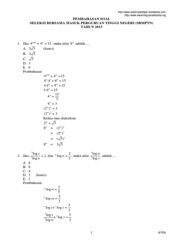 Pembahasan Soal SBMPTN Matematika Dasar 2013 | PDF