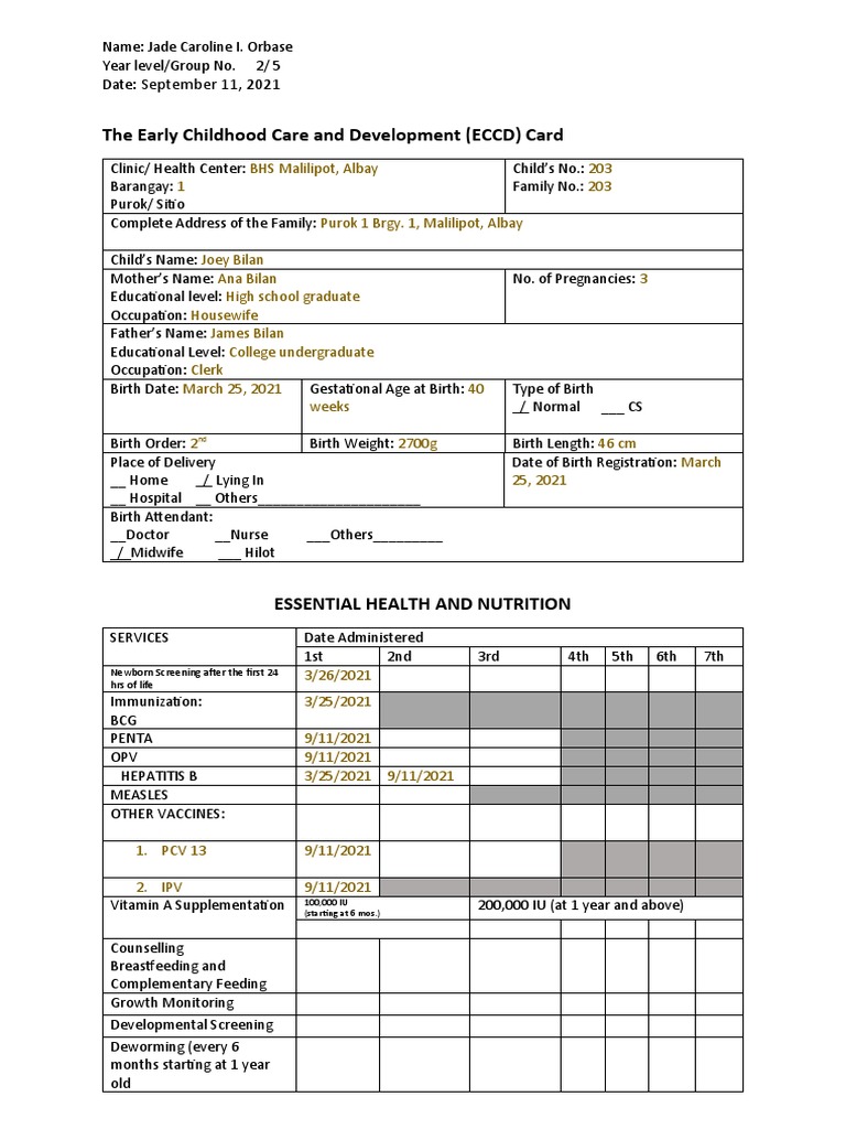 The Early Childhood Care and Development (ECCD) Card:: September 11 ...