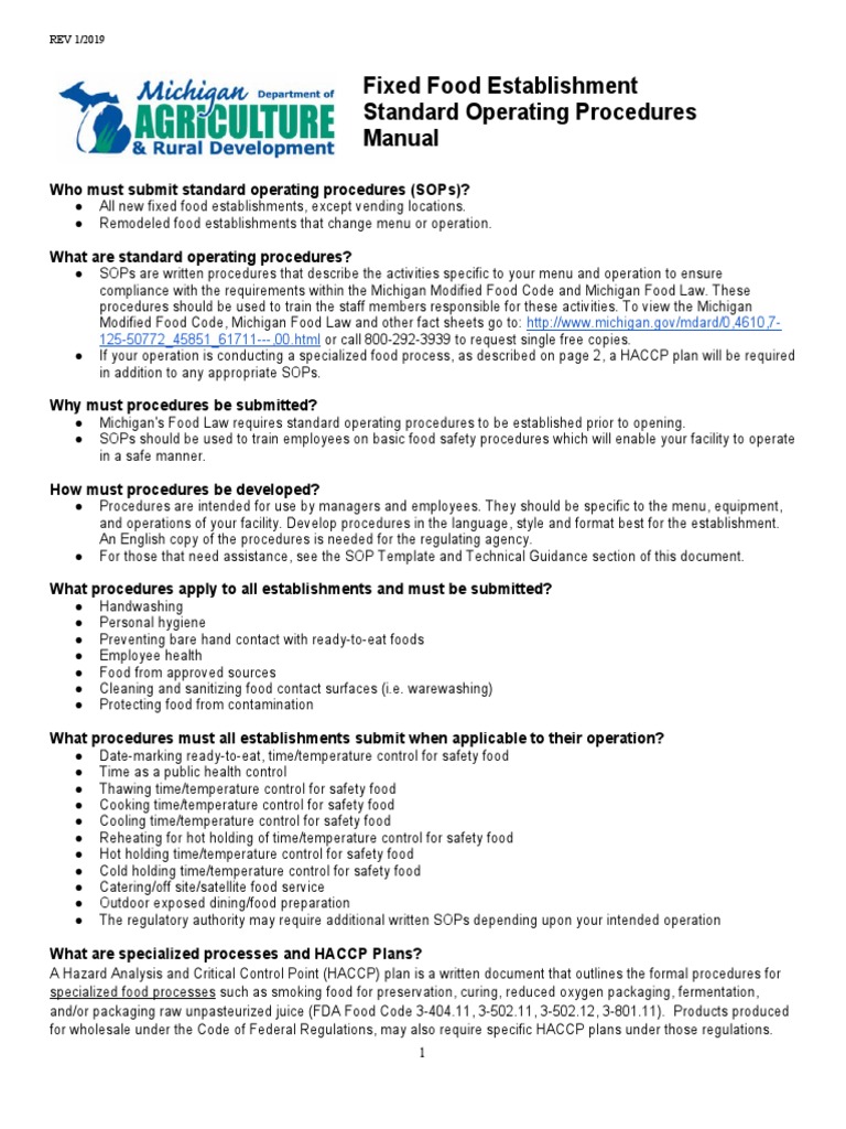 Fixed Food Establishment Standard Operating Procedures Manual | PDF ...