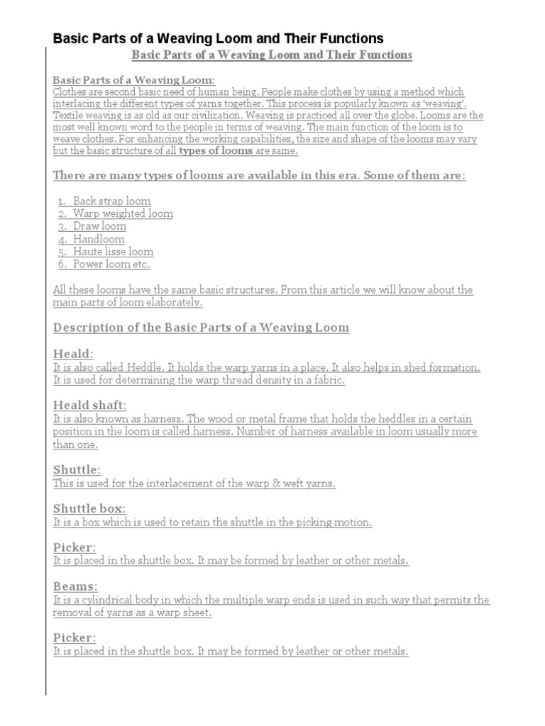 Basic Parts of A Weaving Loom and Their Functions | PDF | Loom | Weaving