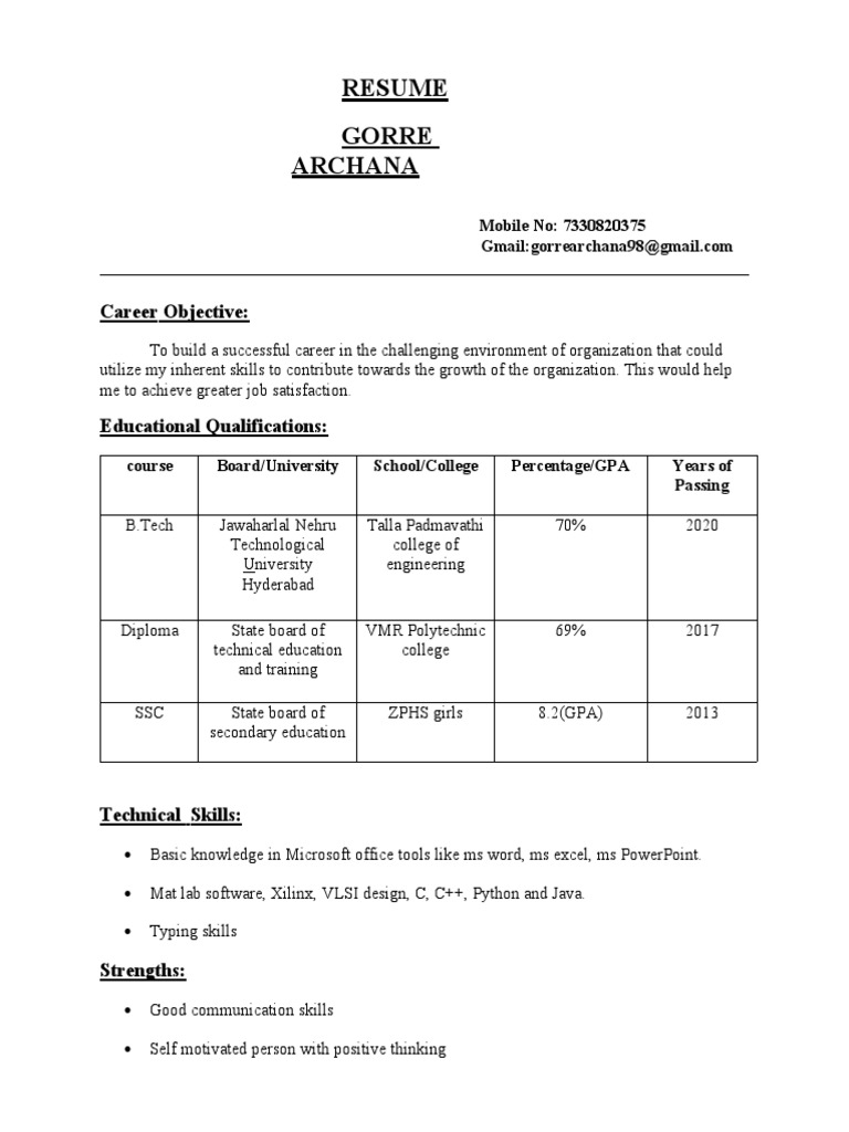 Resume Gorre Archana: Career Objective | PDF | College | Cognition