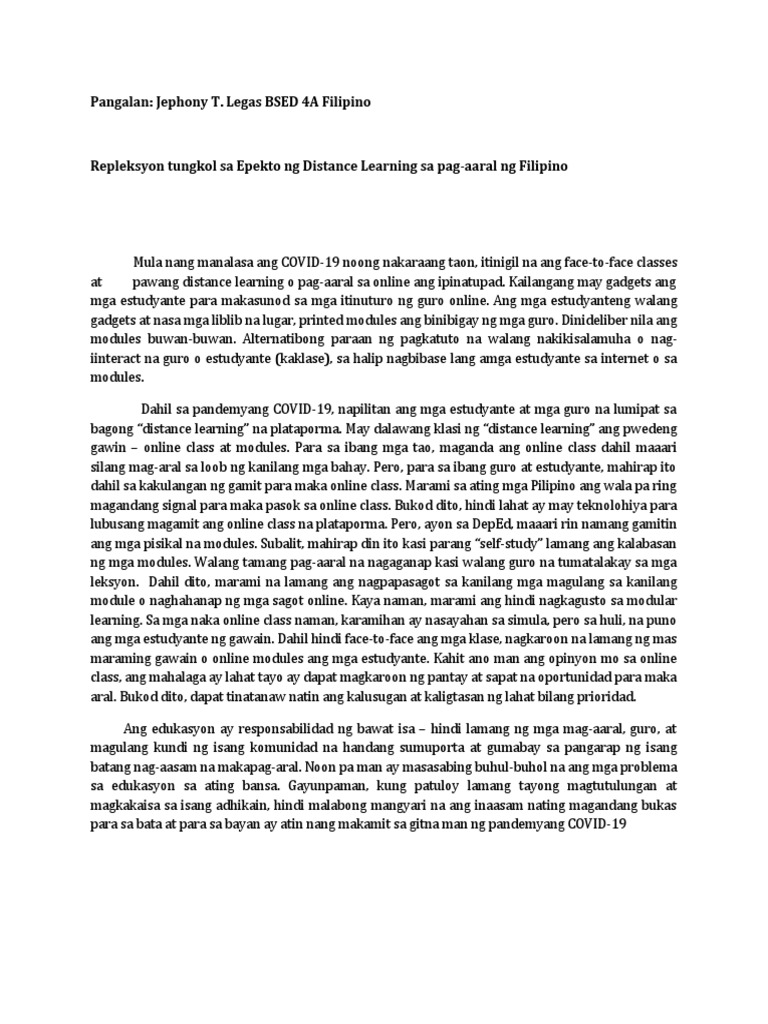 Webinar Repleksyon Tungkol Sa Epekto NG Distance Learning | PDF