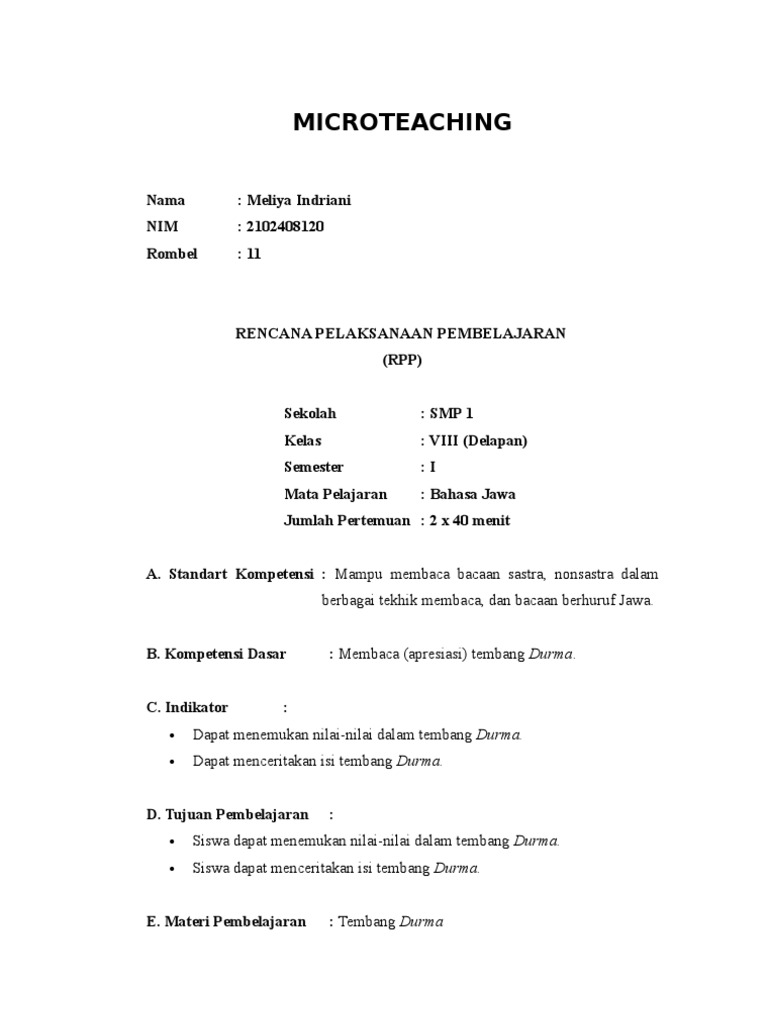 RPP Membaca (Tembang Durma) | PDF