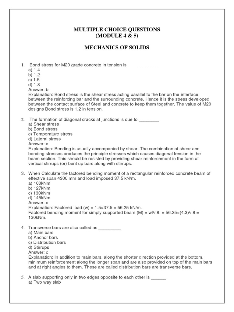 Multiple Choice Questions (MODULE 4 & 5) Mechanics of Solids | PDF ...