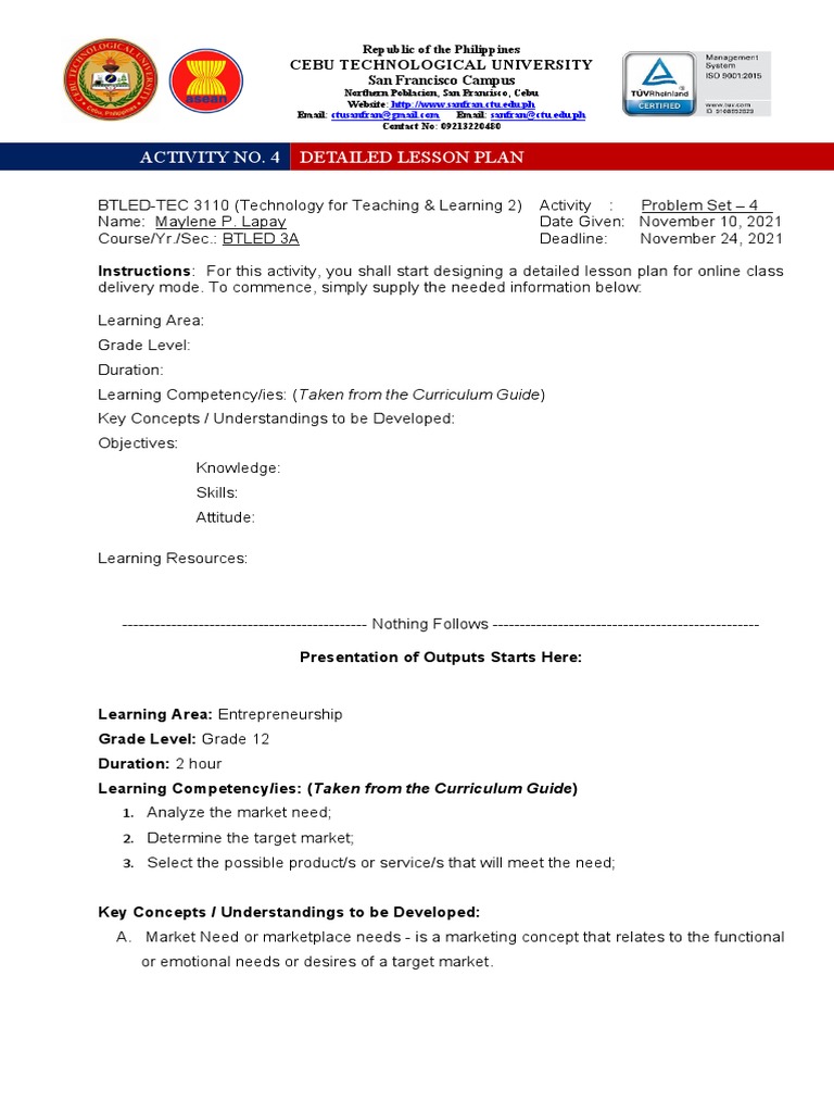 Activity #4 - Detailed Lesson Plan | PDF | Learning | Market (Economics)