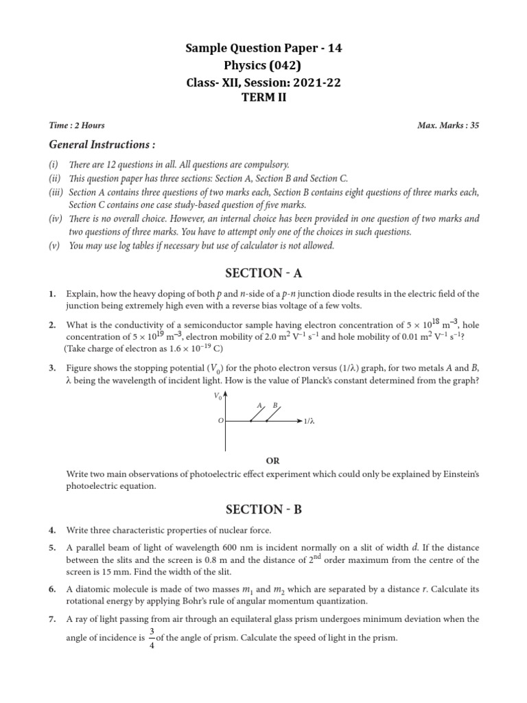 General Instructions:: Sample Question Paper - 14 Physics (042) Class ...