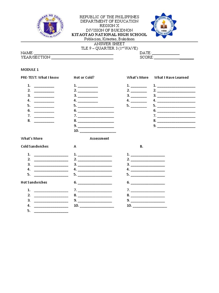 3rd Grading Tle 9 Answer Sheet 1st Wave | PDF | Sandwich | Breads