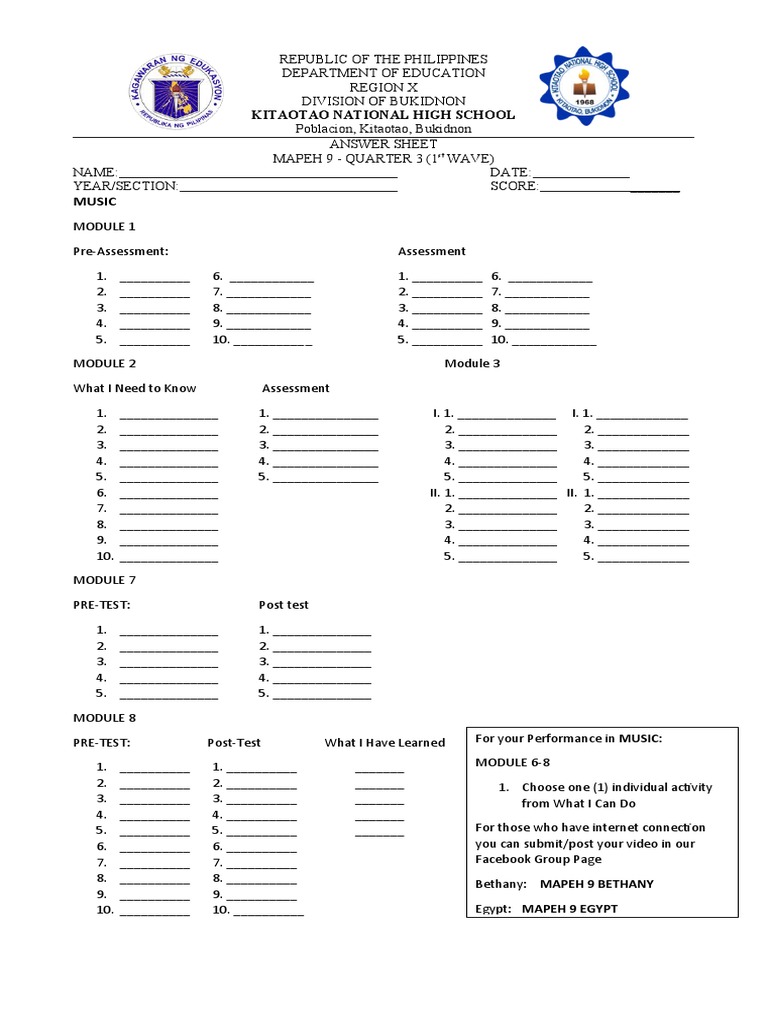 3rd Quarter MAPEH 9 Answer Sheet 1st Wave | PDF | Communication | Teaching