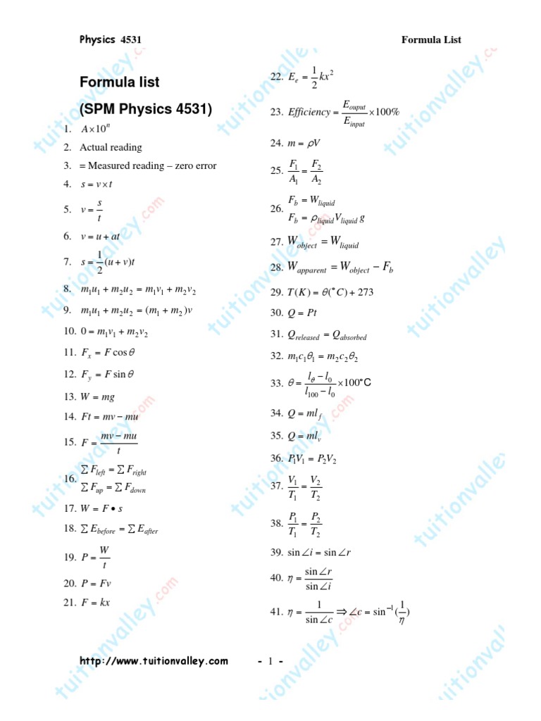 SPM Physics Formula List Not Given | PDF
