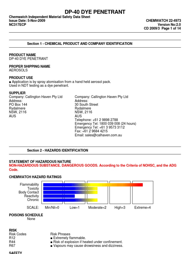 Dp-40 Dye Penetrant 20091105 | PDF | Diesel Fuel | Petroleum