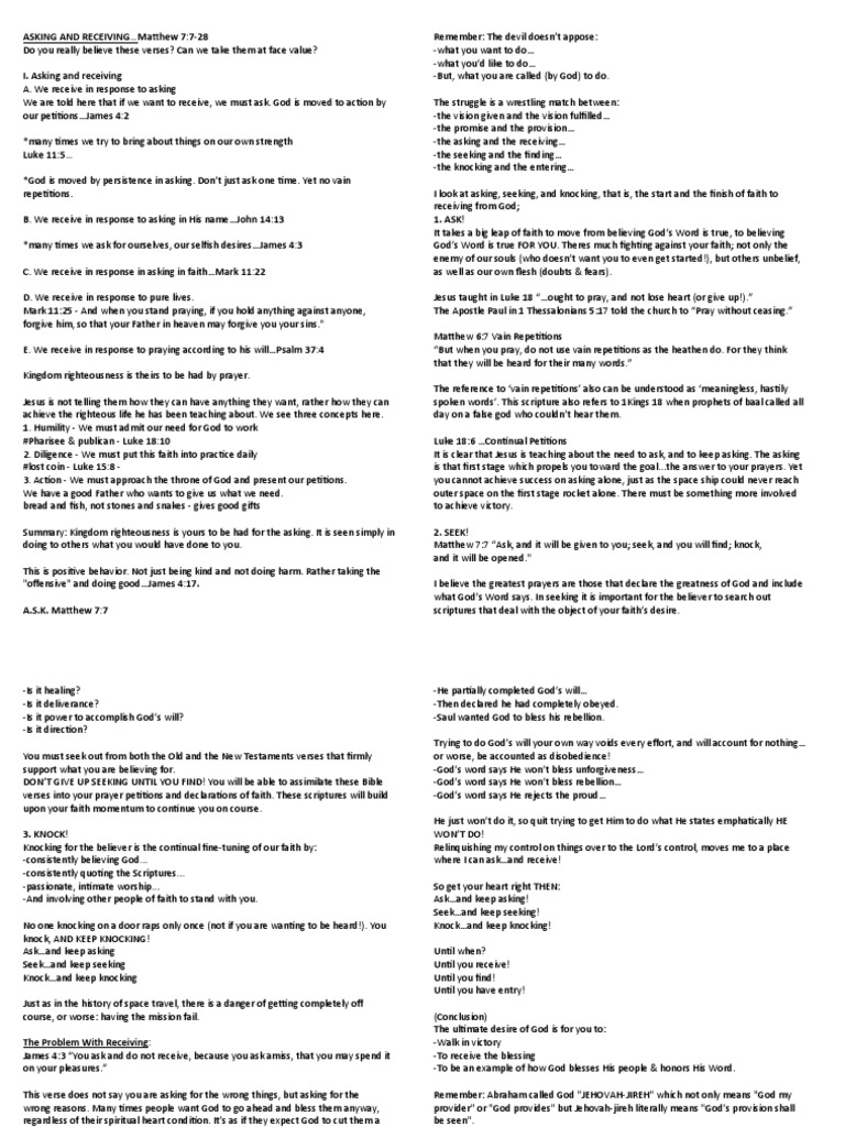 ASKING AND RECEIVING Matthew 7:7-28 I. Asking and Receiving | PDF | Prayer | Religious Belief ...