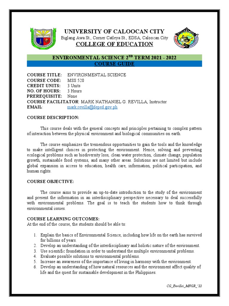 Course Guide Envi Sci 2022 | PDF | Educational Assessment | Natural ...