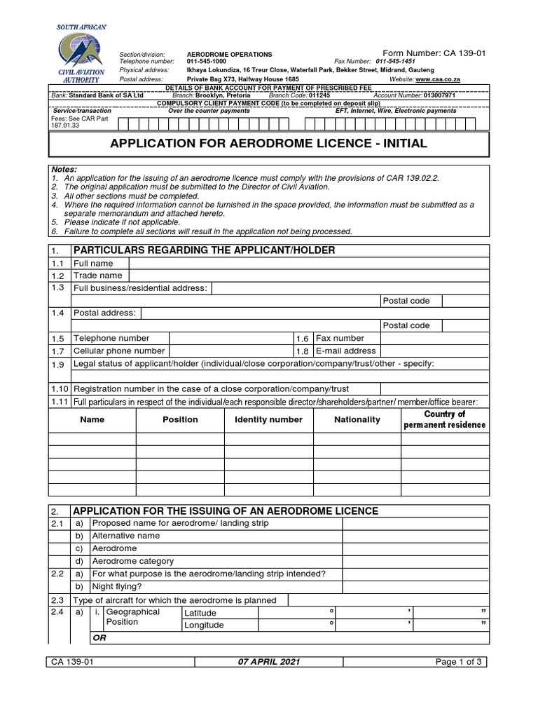 Application For Aerodrome Licence - Initial: Particulars Regarding The ...