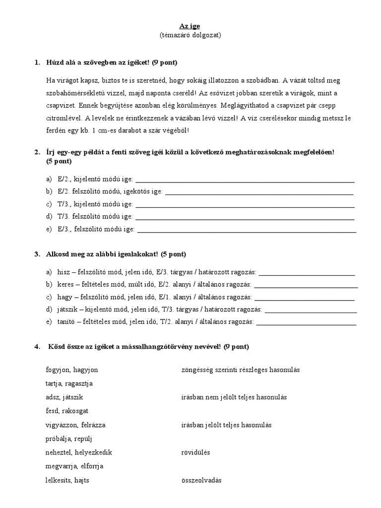 Az ige - témazáró dolgozat | PDF