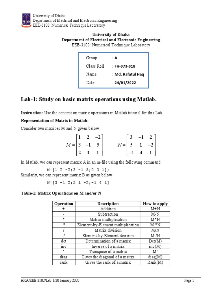 Lab-1: Study On Basic Matrix Operations Using Matlab | PDF | Matrix (Mathematics) | Functions ...