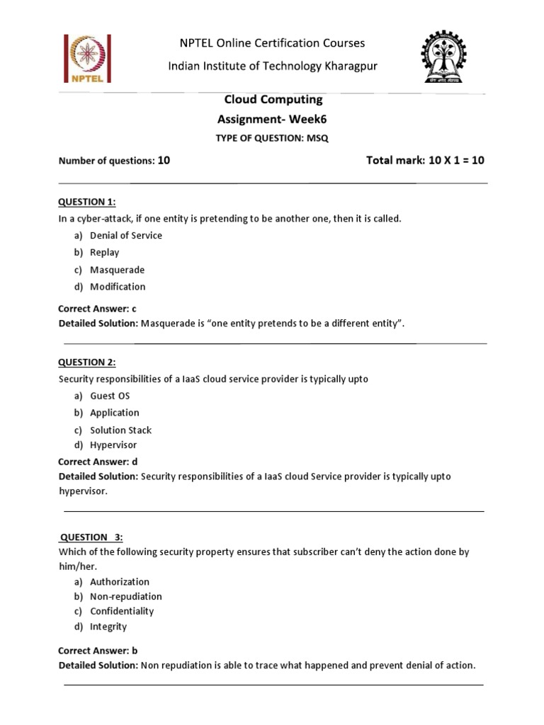 NPTEL - CC - Assignment 6 2022 | PDF | Cloud Computing | Secure Communication