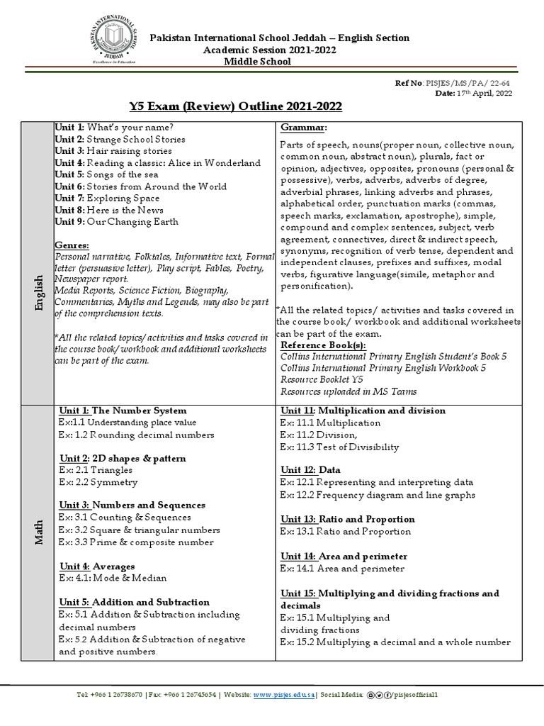 Y5 Final Exam (Review) Outline 2021-2022 | Download Free PDF | Verb | Noun