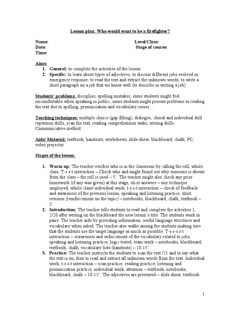 Firefighter Lesson Plan for Students | PDF | Lesson Plan | Reading ...