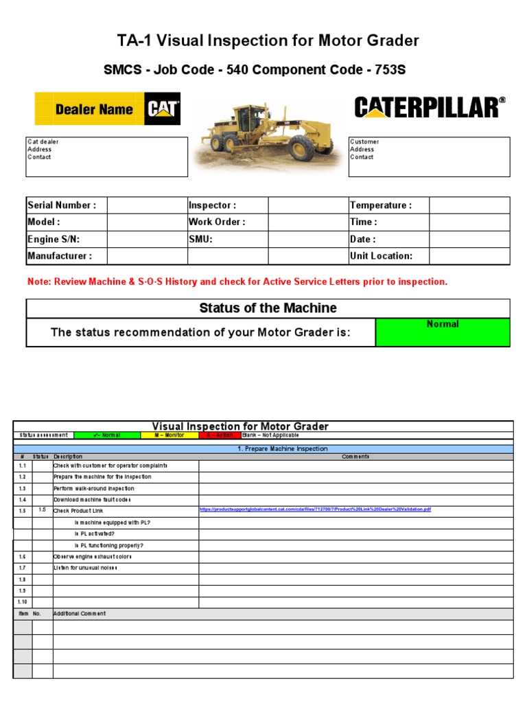 TA1 Visual Inspection Form Master - Motor Grader | PDF