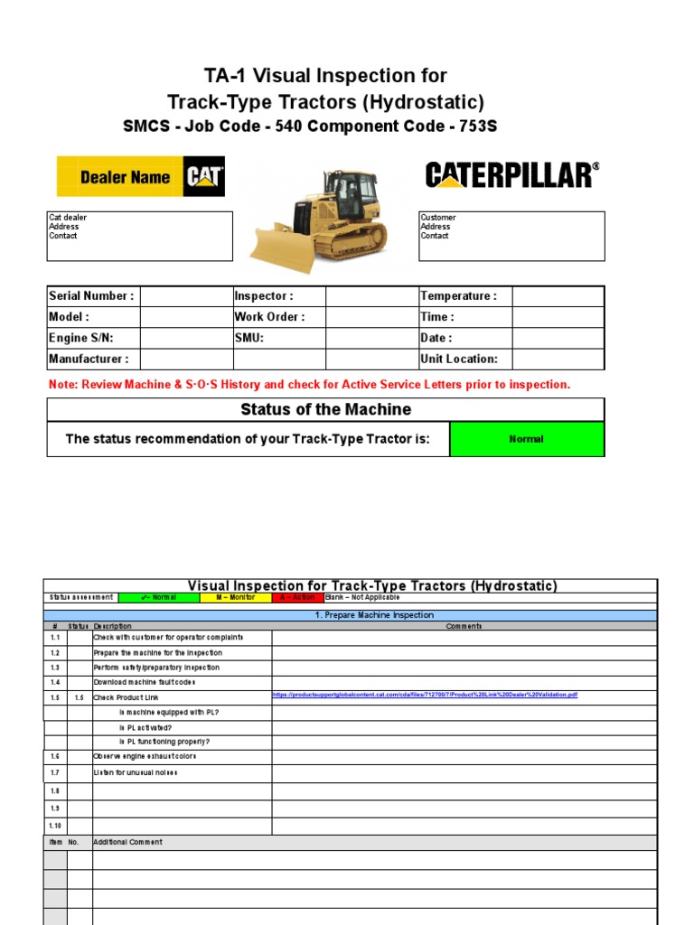 TA1 Visual Inspection Form Master - Track-Type Tractor (Hydrostatic) | PDF | Manufactured Goods ...