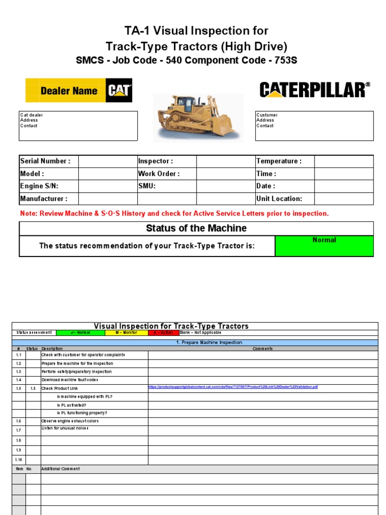TA1 Visual Inspection Form Master - Track-Type Tractor | PDF ...