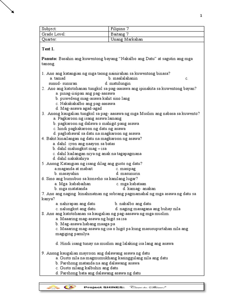 Quarter 1 Filipino Grade 7 | PDF