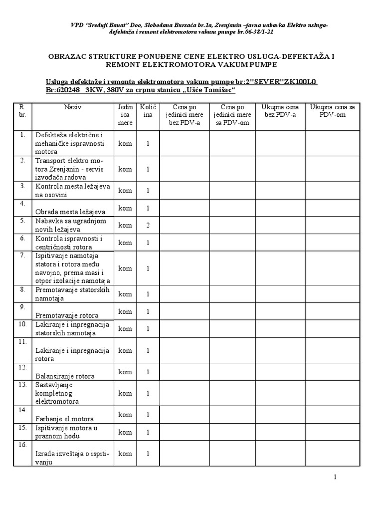 Obrazac Strukture Ponudene Cene-Defektaža I Remont | PDF