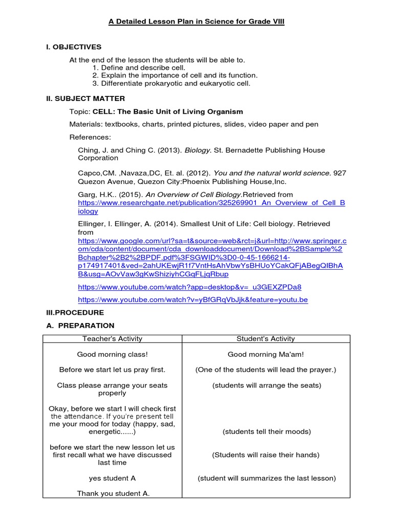 Sample Lesson Plan Science | PDF | Organelle | Cell (Biology)