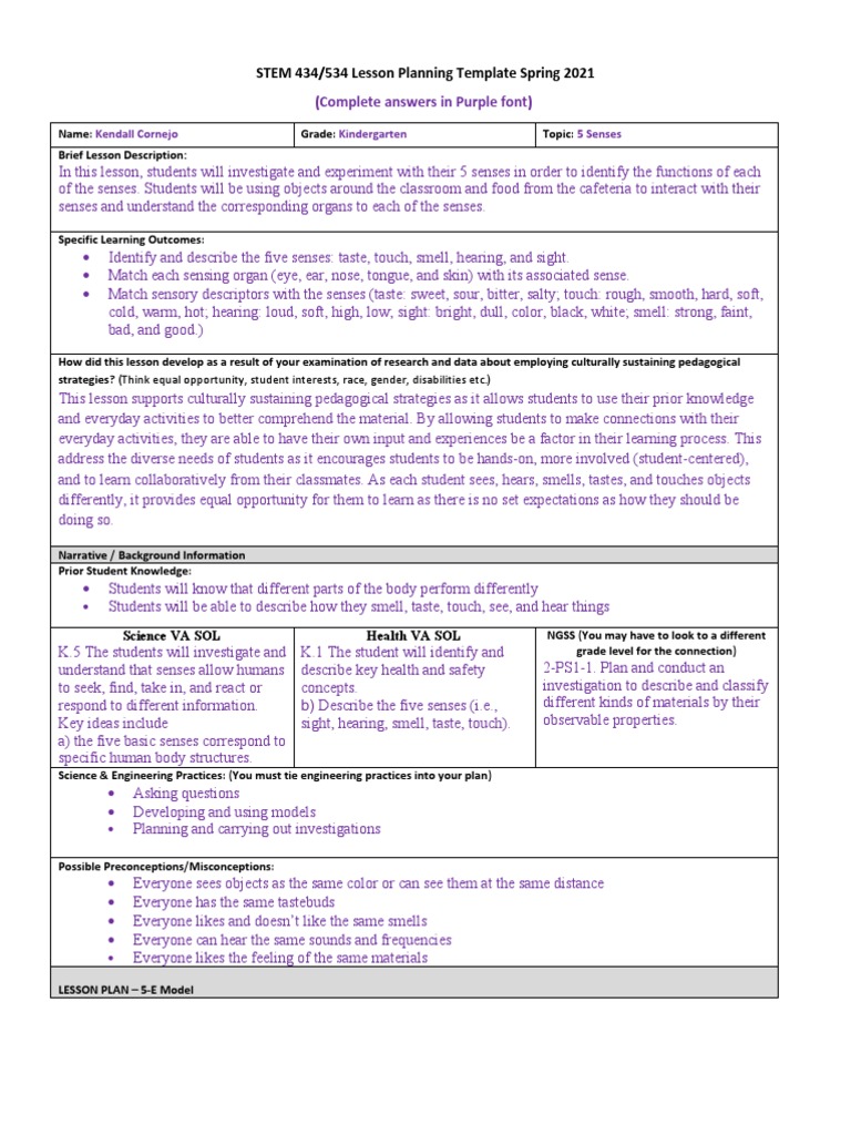 5 Senses Lesson - The Senses and Their Body Structures | PDF | Language ...