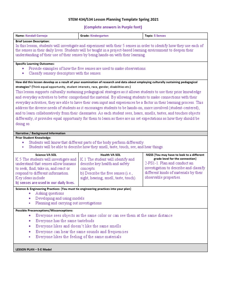 Kindergarten 5 Senses Exploration | PDF | Senses | Learning