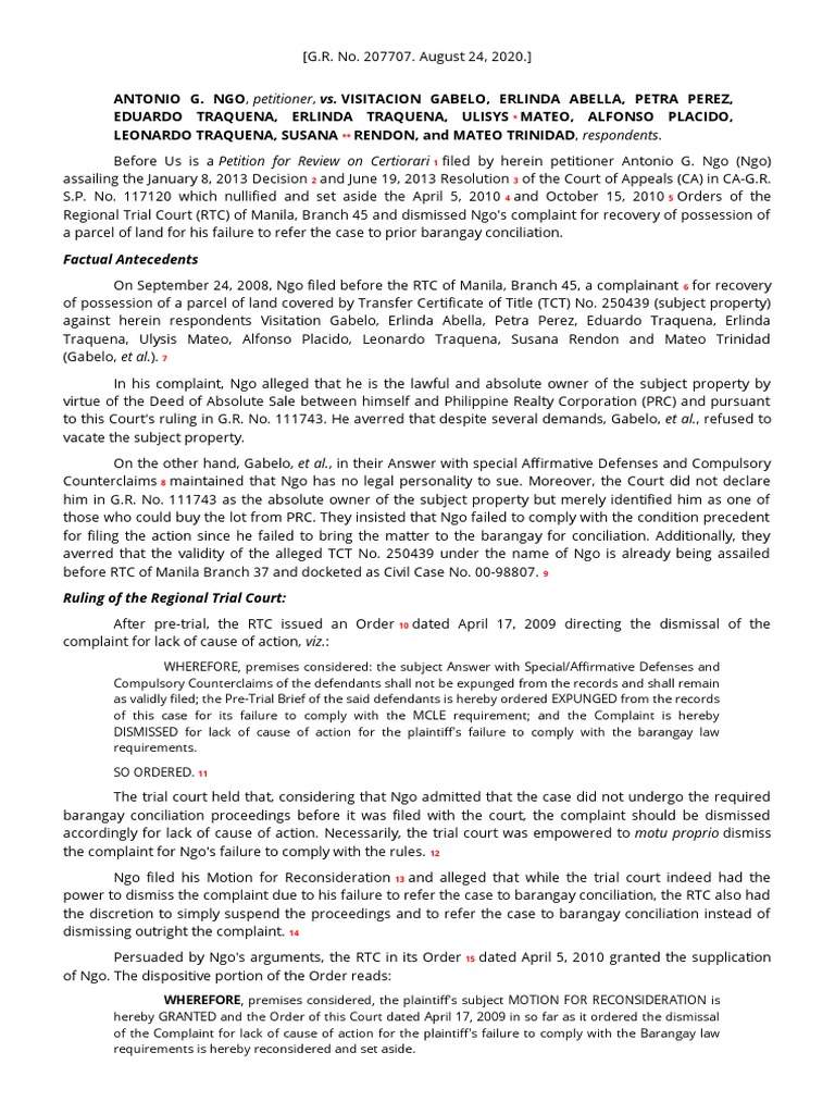 Ngo vs. Gabelo: Barangay Conciliation Case | PDF | Complaint | Lawsuit