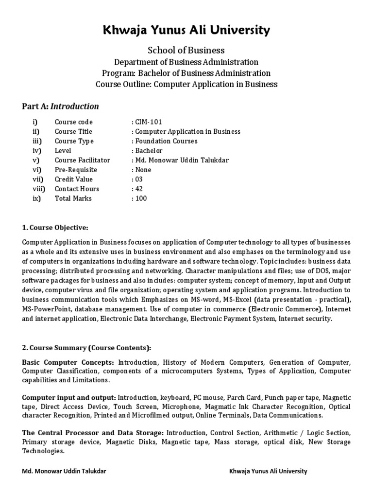 OBE Computer Application in Business - Md. Monowar Uddin Talukdar | PDF ...