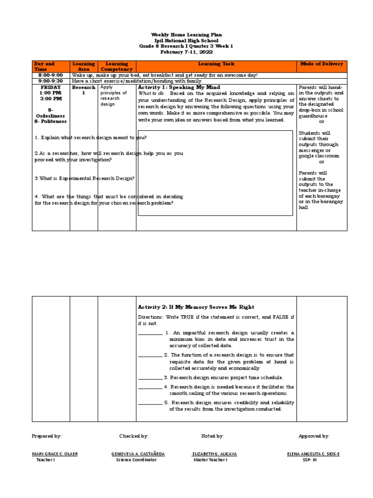 Weekly Home Learning Plan | PDF | Sampling (Statistics) | Design Of ...