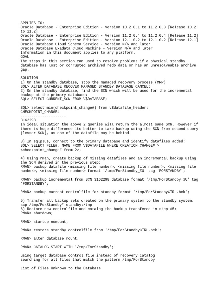 Steps To Perform For Rolling Forward A Standby Database Using RMAN Incremental Backup When ...
